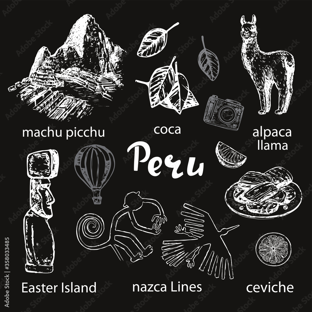 Hand drawn sketch illustration Peru. Travel set on a black background ...