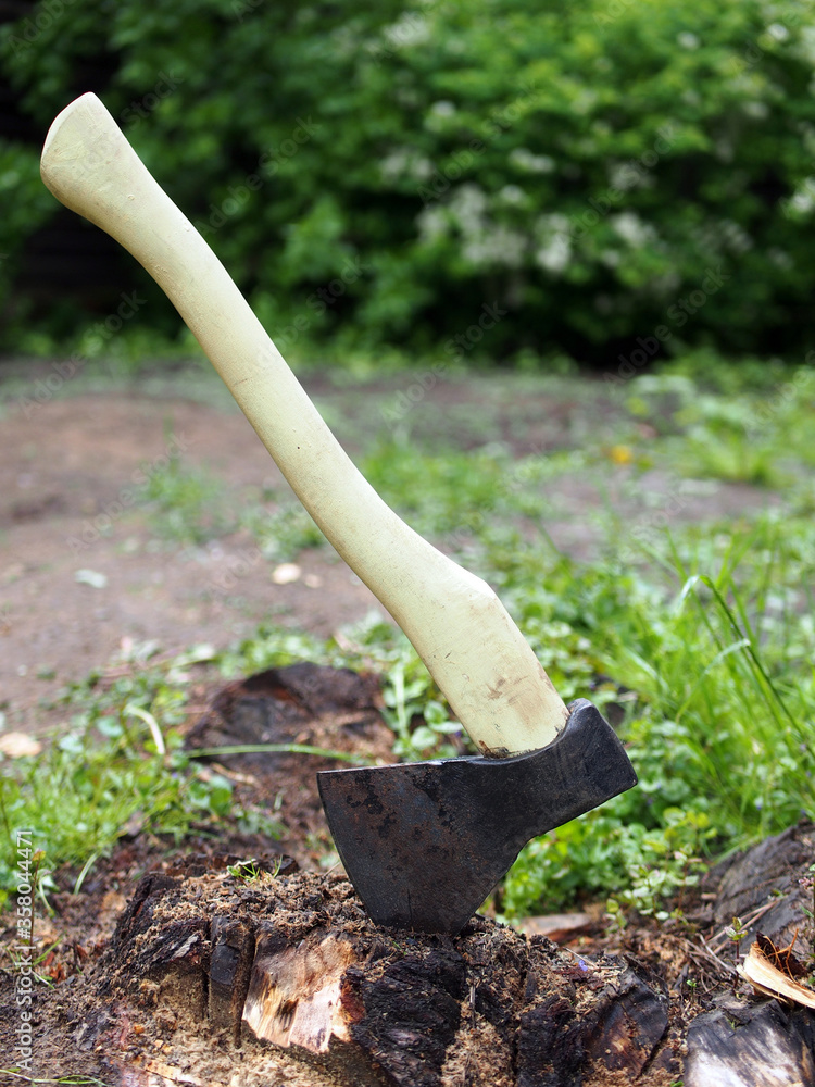 The axe is stuck in the stump of a felled tree. Carpenter's tool ...