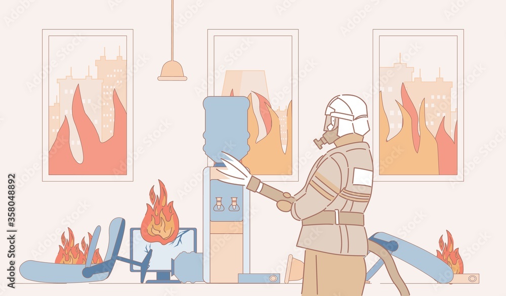 Brave fireman in uniform and helmet hold in hand fire extinguisher and ...