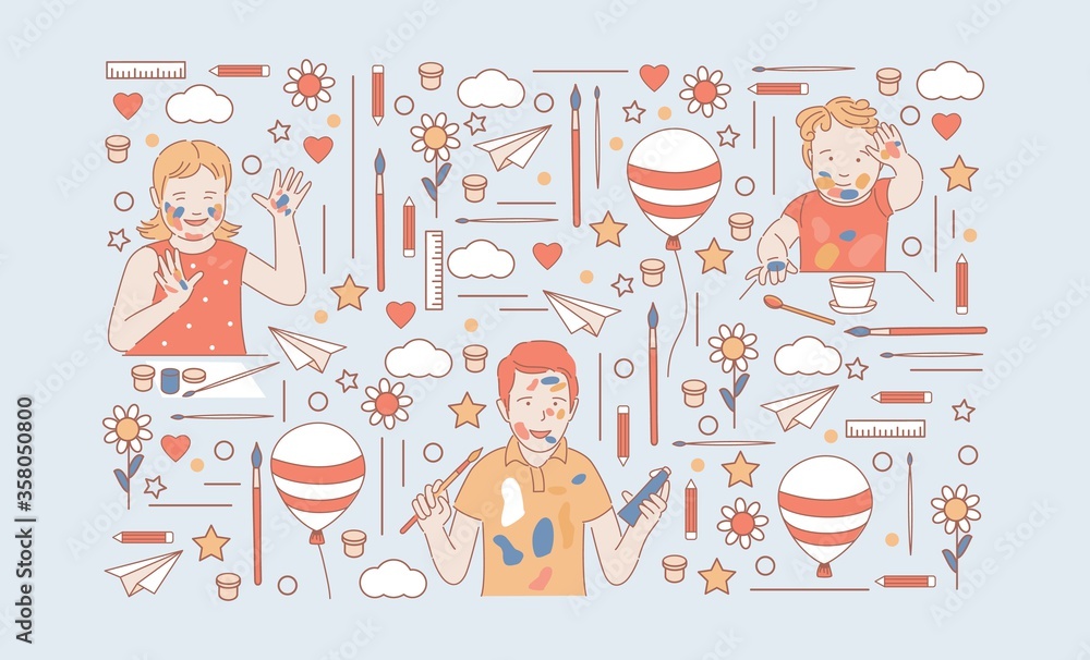 Art lessons, drawing teaching or creative education concept. Happy ...