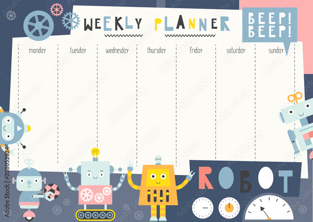 Weekly planner with funny robots and transformers in flat cartoon style ...