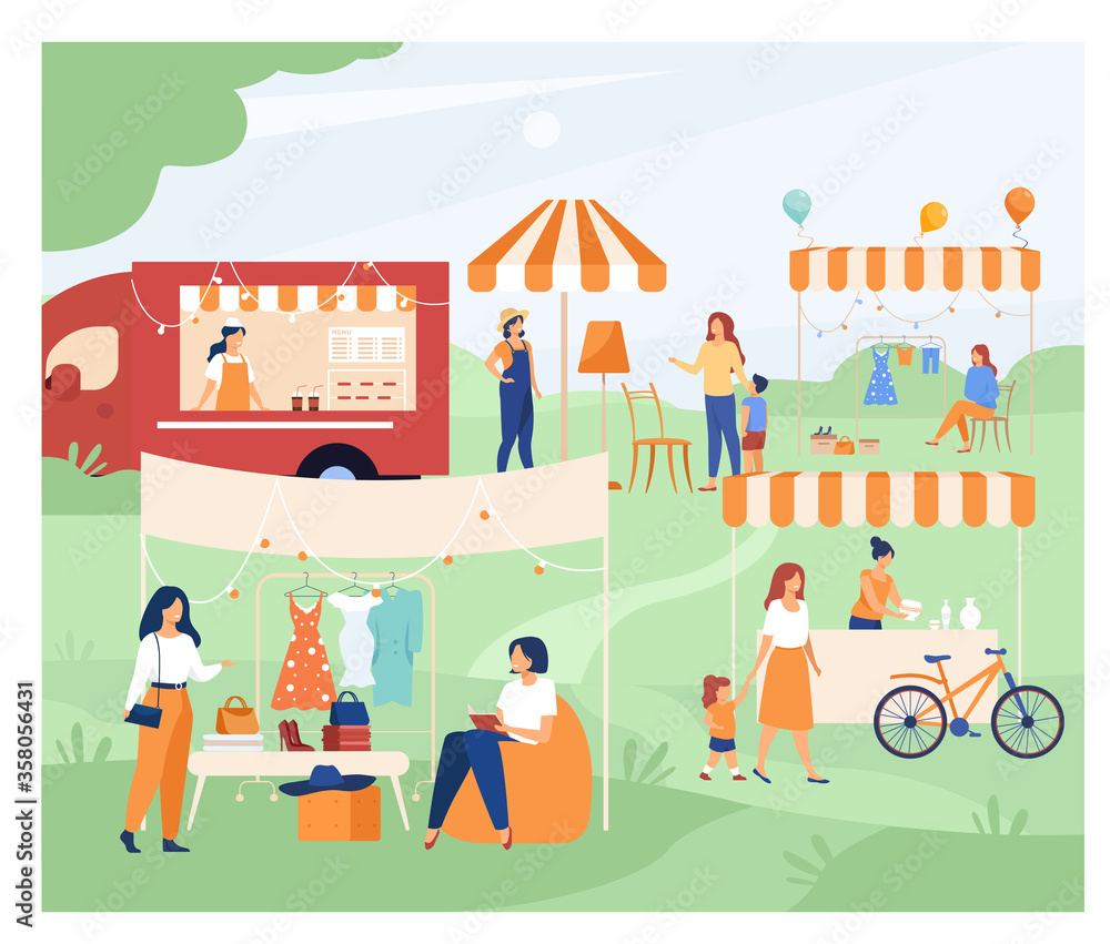 Happy people at street season flea market flat vector illustration ...