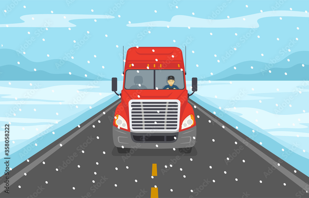 American truck with driver on highway. Winter season. Front view. Flat ...