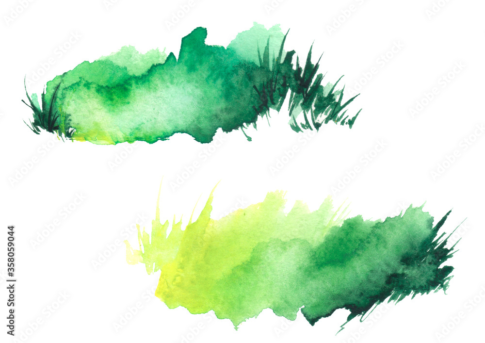 Watercolor set of green grass, landscape on a white background. Vintage ...