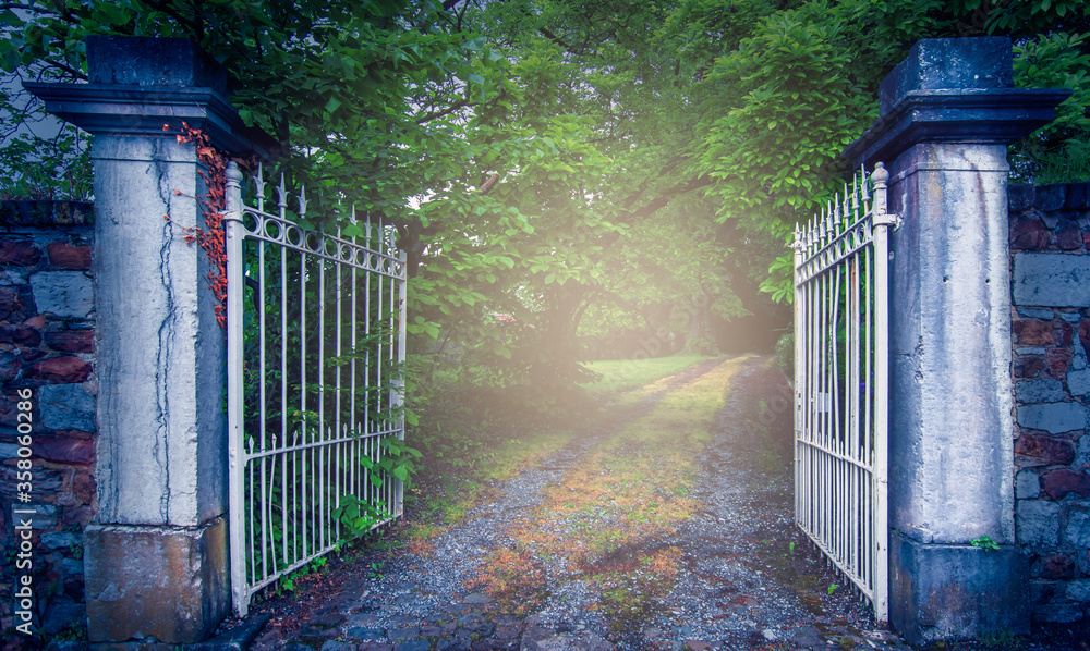 Old wrought iron gate at mysterious garden path. Stock Photo | Adobe Stock