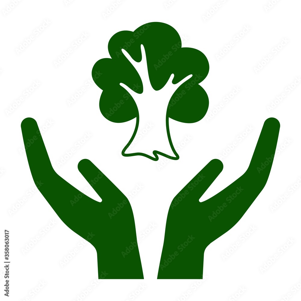 Icon of hands carefully holding green tree. Symbol of ecology, environmental awareness, nature ...