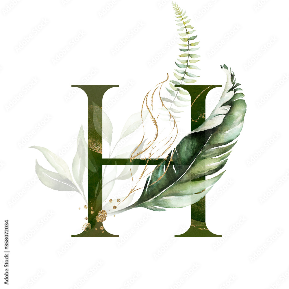 Tropical Green Gold Floral Alphabet - letter H with green gold leaves ...