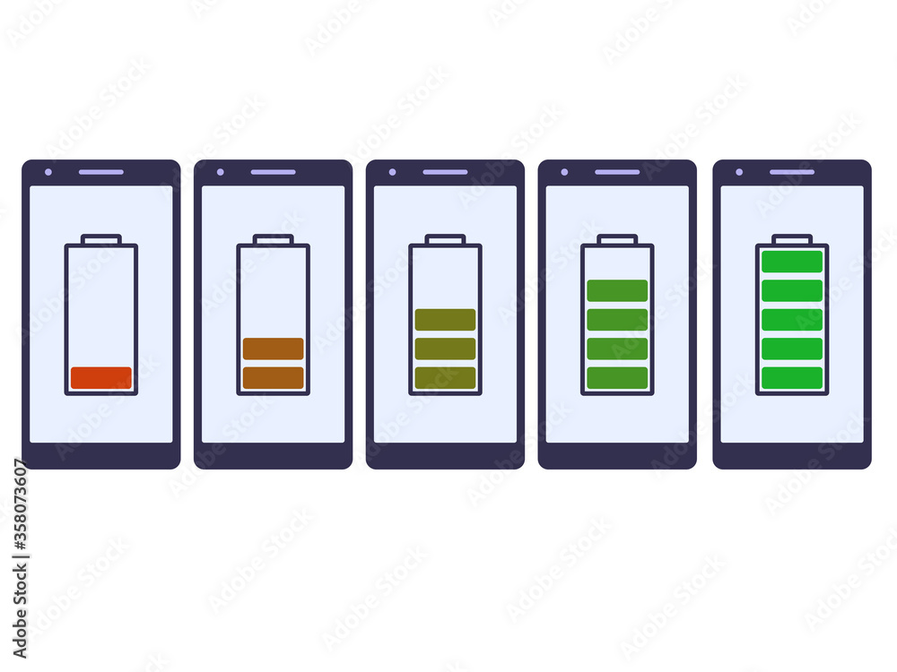 Flat vector illustration: discharged and fully charged smartphone ...