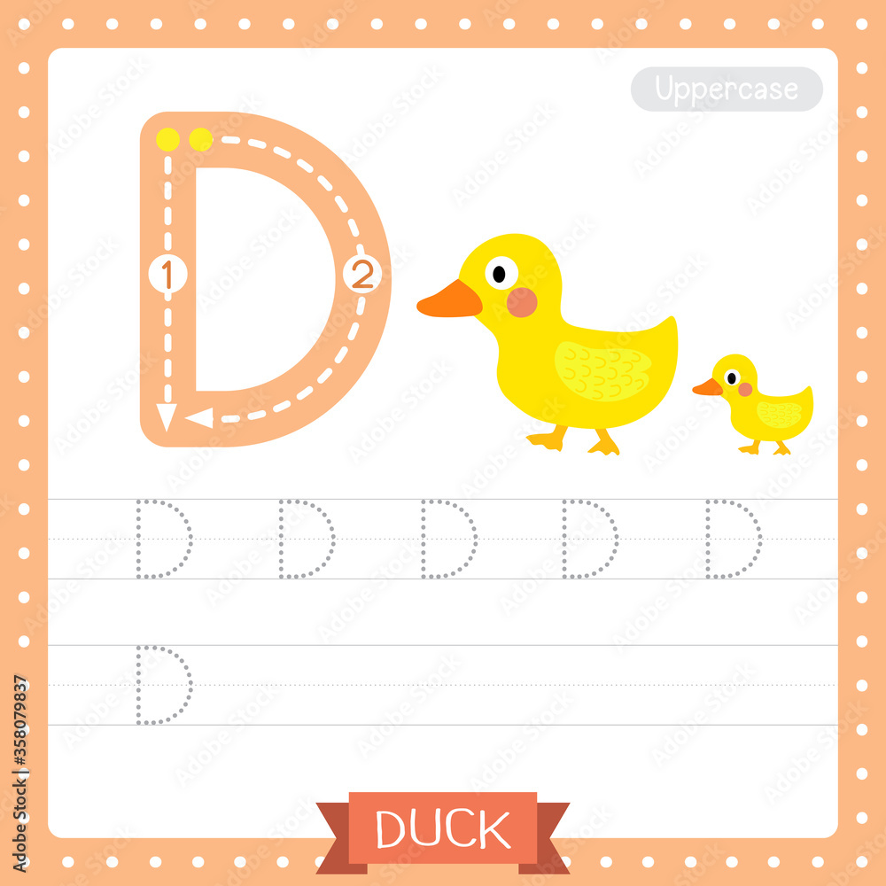 Letter D uppercase tracing practice worksheet. Duck and little duck ...