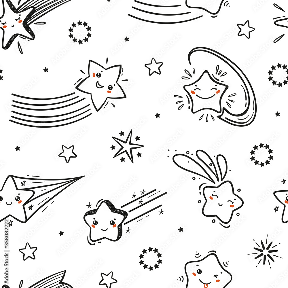 Little Cute Shooting Stars Vector Seamless Pattern. Starry Sky ...