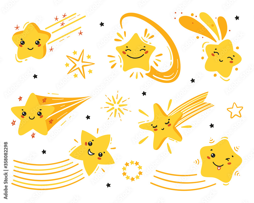 Doodle Shooting Cute Star Icons Vector Set. Yellow Little Falling Stars ...