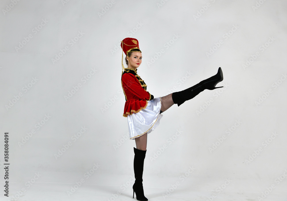 beautiful girl in red hussar uniform marching with a sword Stock Photo ...