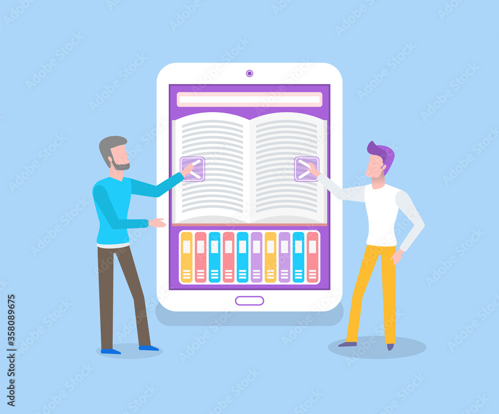 Students with big electronic book with opened page vector. Bookshelf of ...