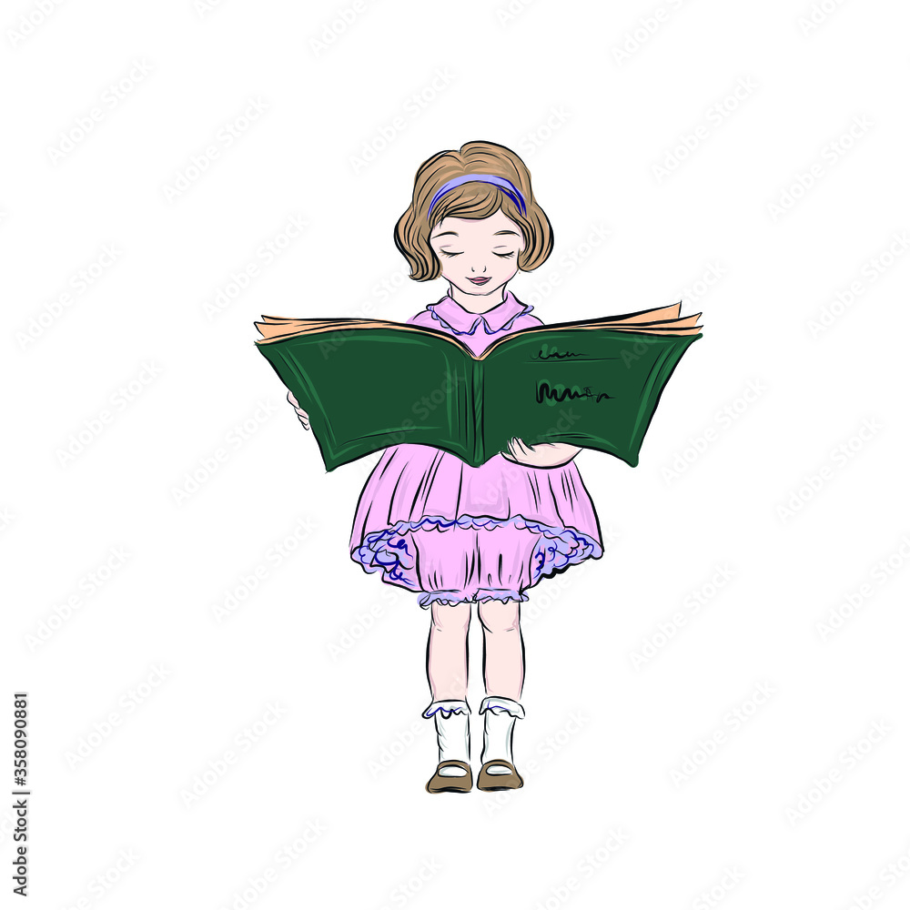 Girl reading book. hand drawn vector clip art. illustration for vintage ...