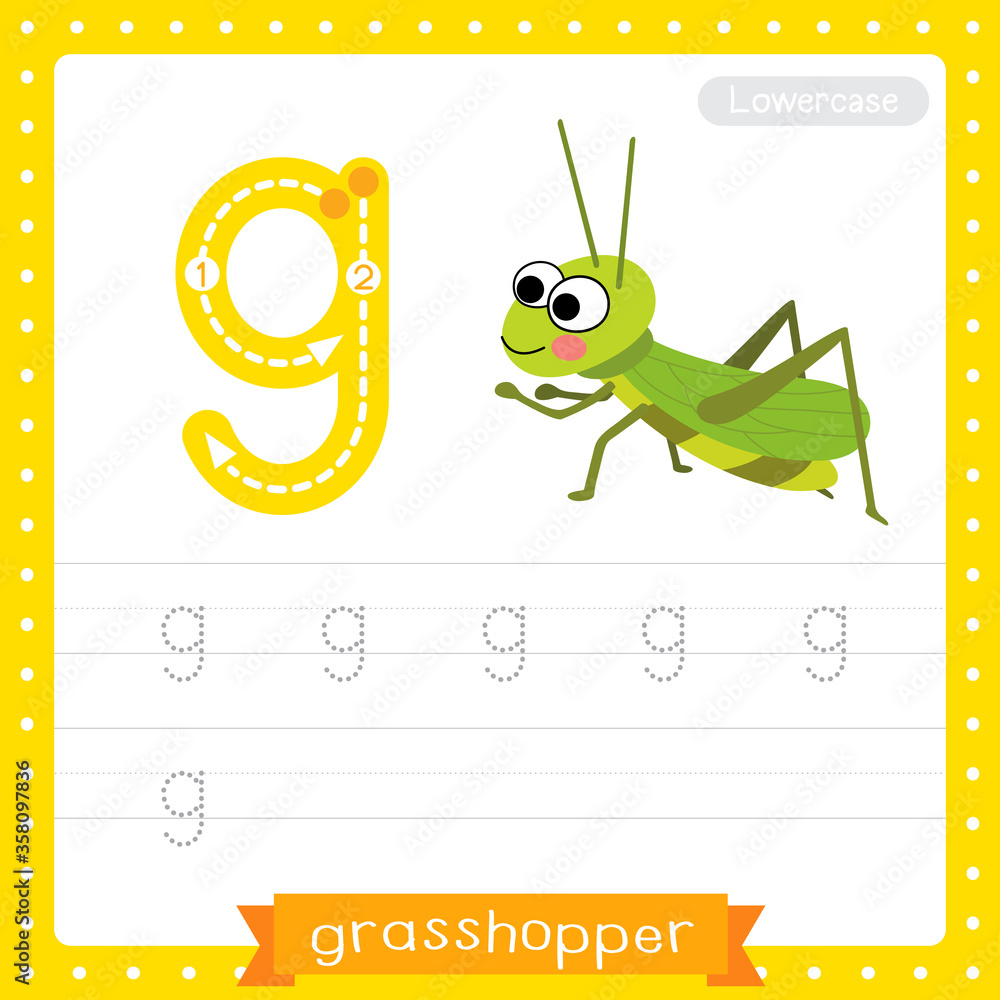 Letter G lowercase tracing practice worksheet. Happy Grasshopper Stock ...