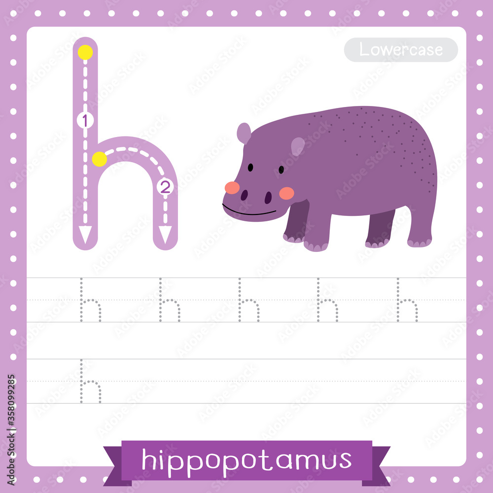 Letter H lowercase tracing practice worksheet. Standing Hippopotamus ...