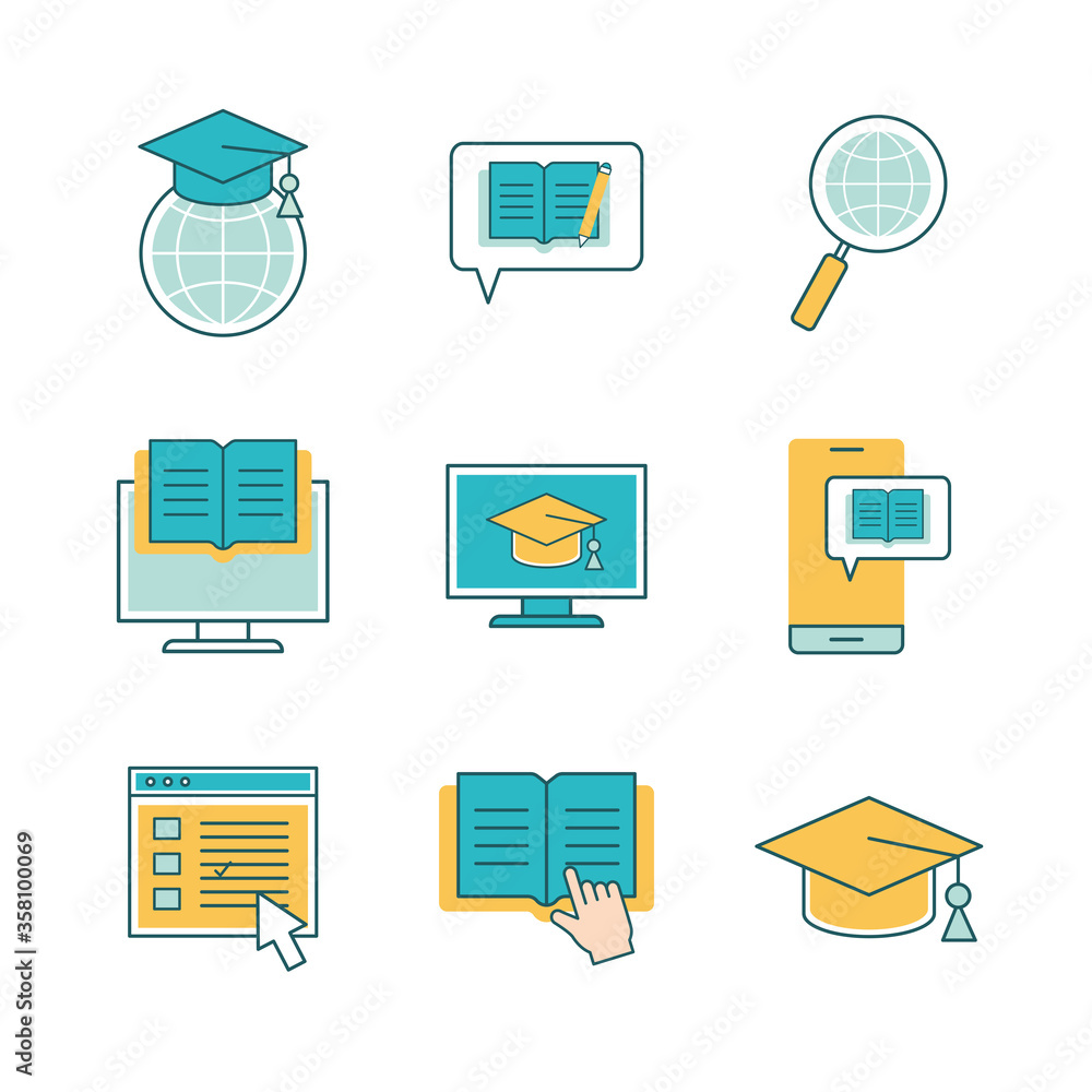 line and fill style icon set design, Education online and elearning ...