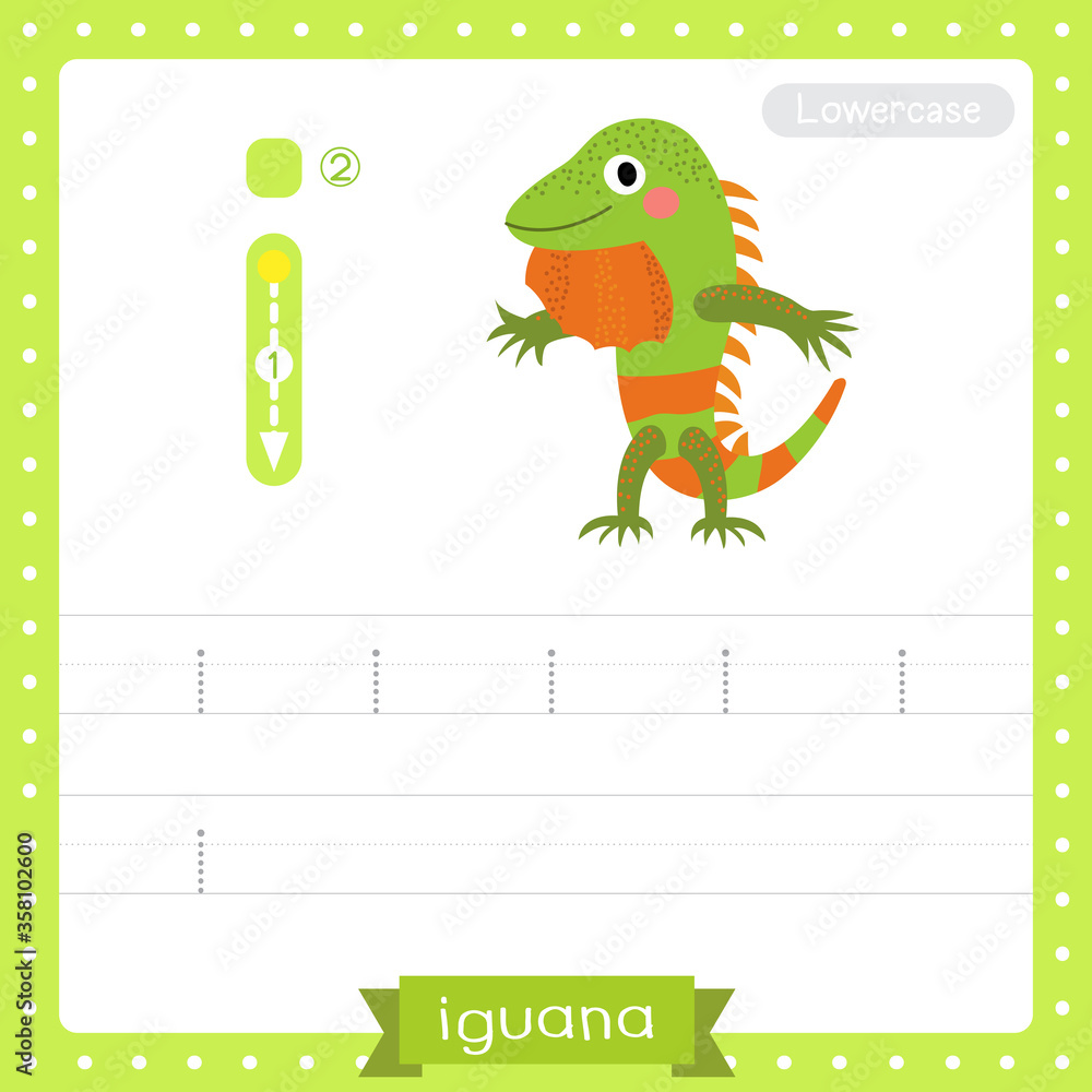 Letter I lowercase tracing practice worksheet. Iguana standing on two ...