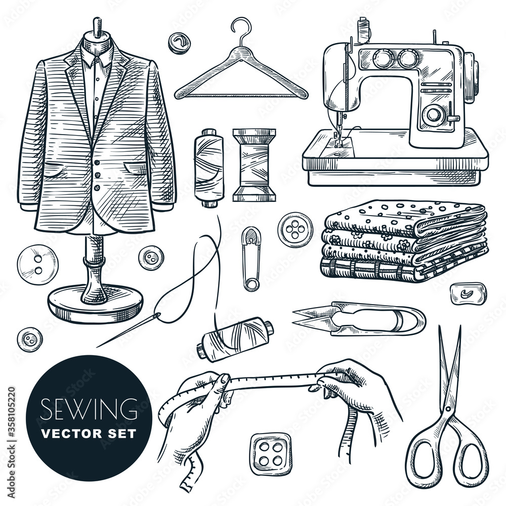 Tailored fashionable mens suit. Sewing tailor tools vector hand drawn ...