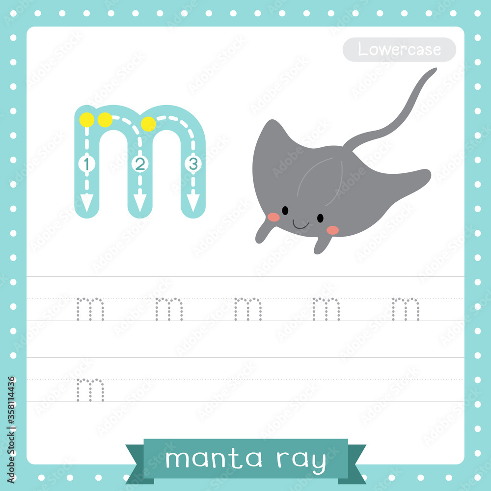 Letter M lowercase tracing practice worksheet of Cute Manta ray Stock ...