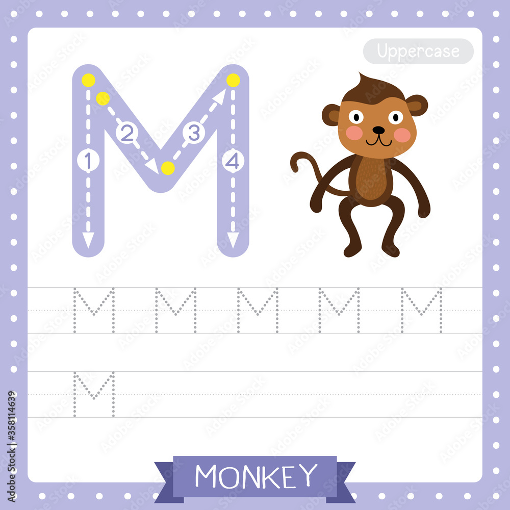 Letter M uppercase tracing practice worksheet of Monkey Stock Vector ...