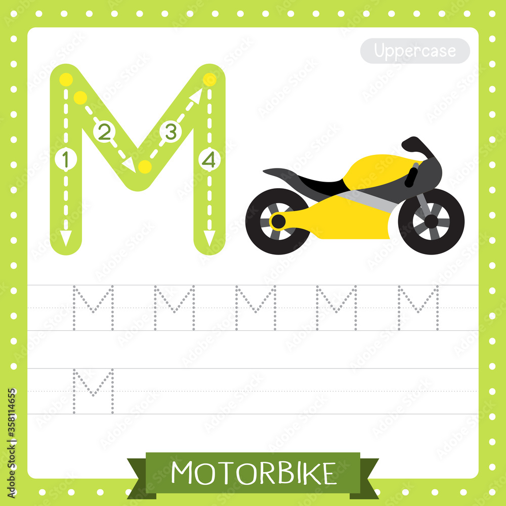 Letter M uppercase tracing practice worksheet of Motorbike Stock Vector ...