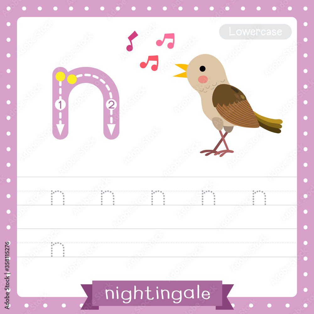 Letter N lowercase tracing practice worksheet of Singing Nightingale ...