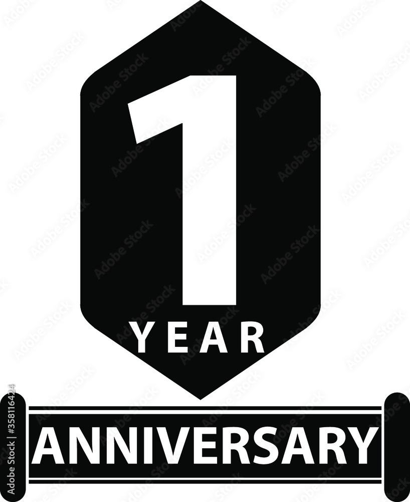 1 year anniversary Sign Ribbon All Black space vector illustration on ...