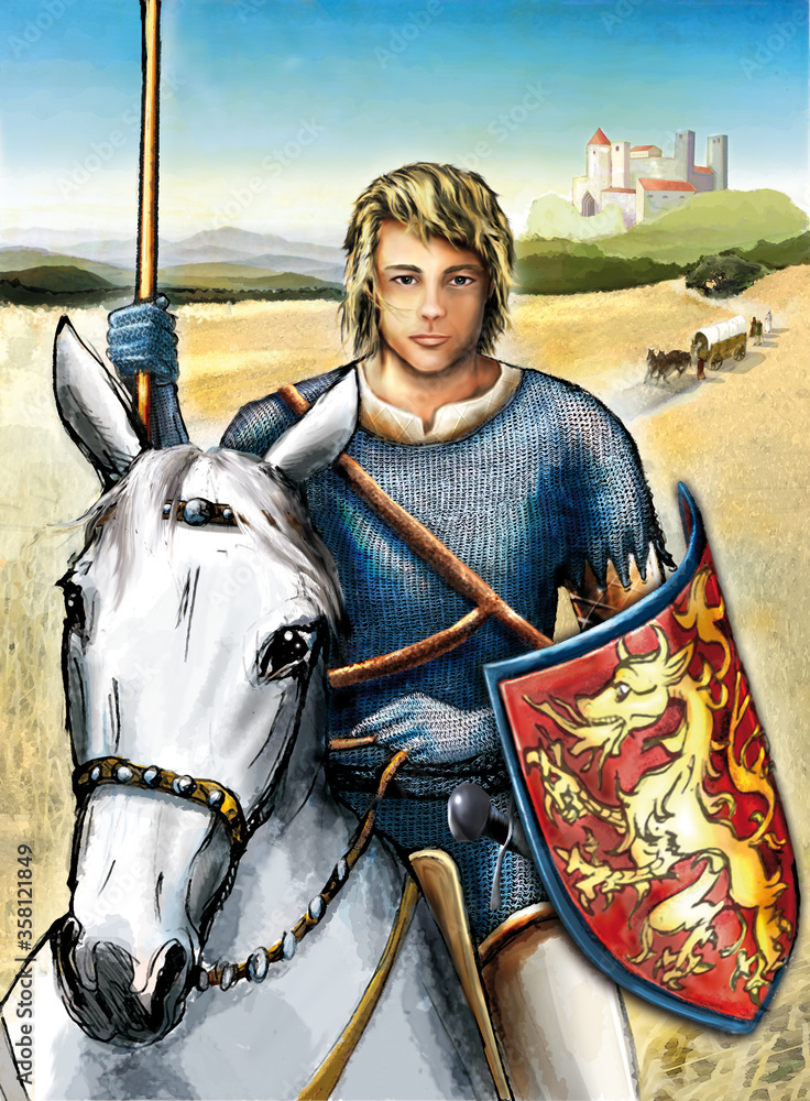 Junger Ritter in Rüstung mit Schild und Schwert reitet ...