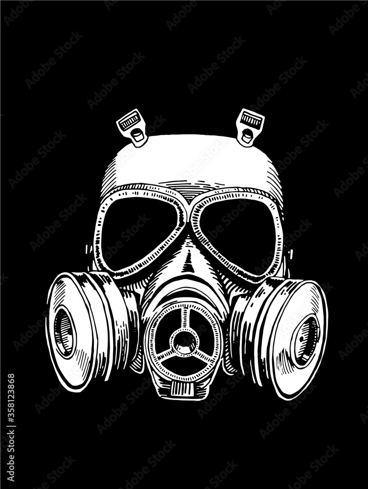 White gas mask isolated on black background, vector graphical ...