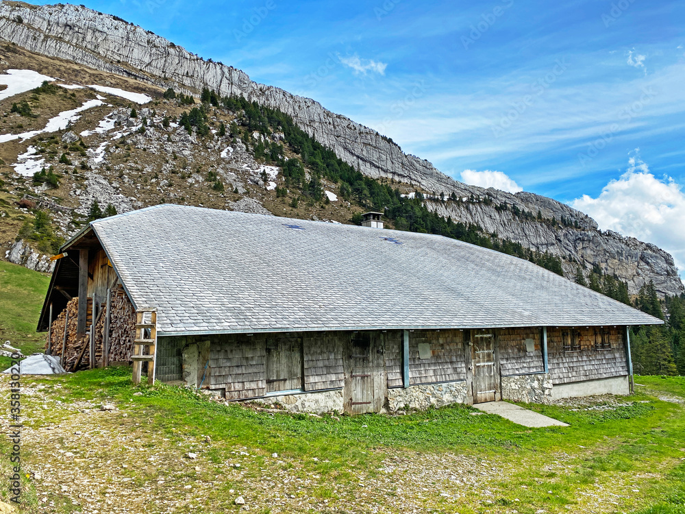 Traditional rural architecture and family livestock farms on the slopes ...
