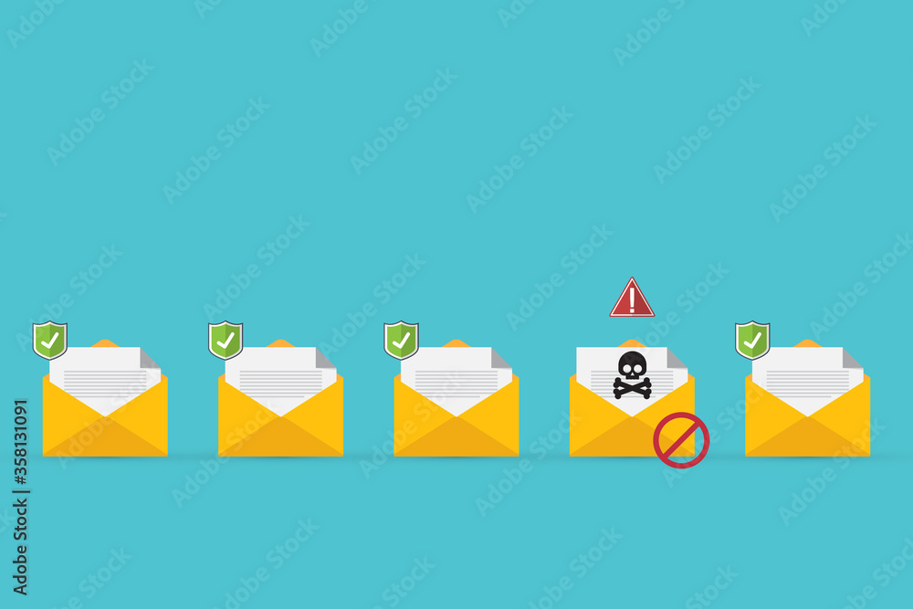 Email / envelope with black document and skull icon. Virus, malware ...