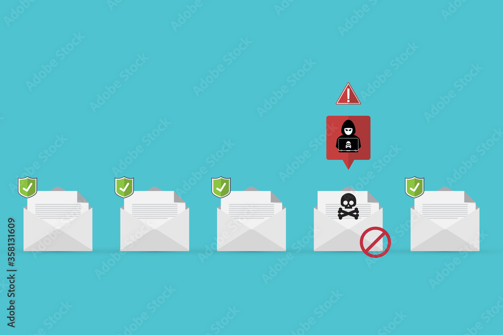 Email / envelope with black document and skull icon. Virus, malware ...