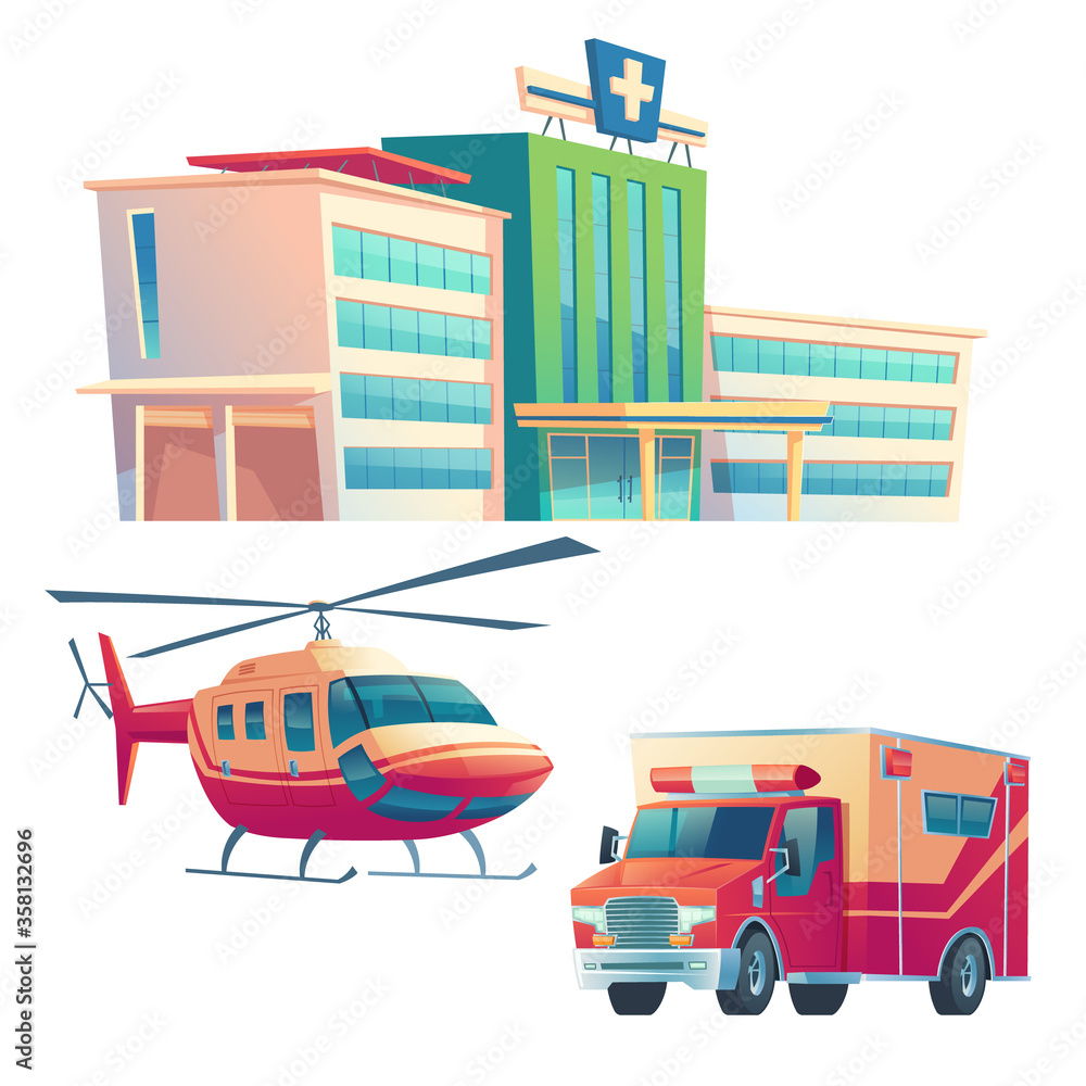 Hospital building, ambulance car and helicopter isolated on white ...