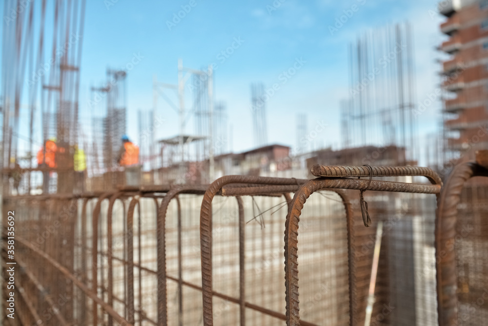 Detail with reinforcing iron bars on a construction site/ Rebar iron ...