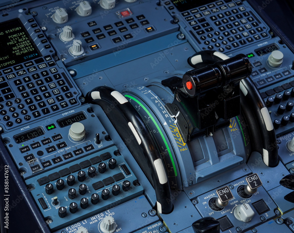 Closeup high detailed view power control and other aircraft control ...