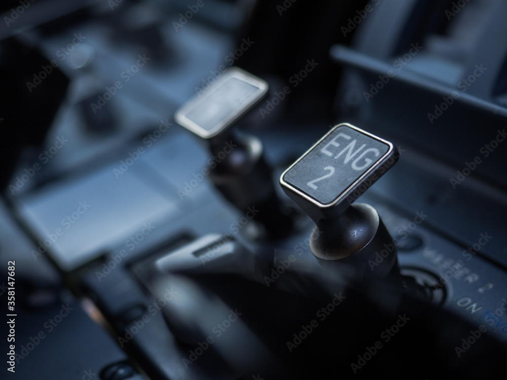Closeup high detailed view power control and other aircraft control ...