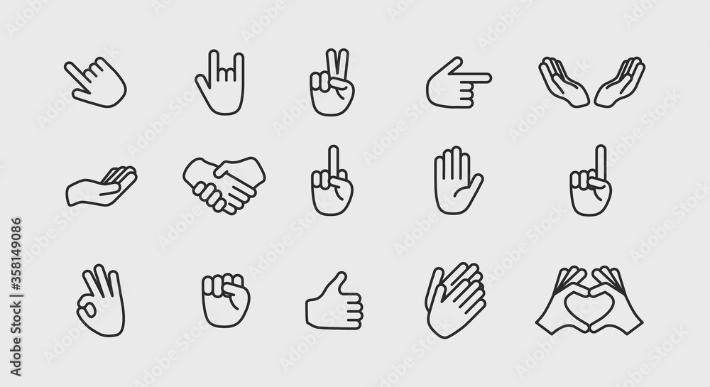 Hand gestures icons set. Set of 15 Hands icons isolated on white ...