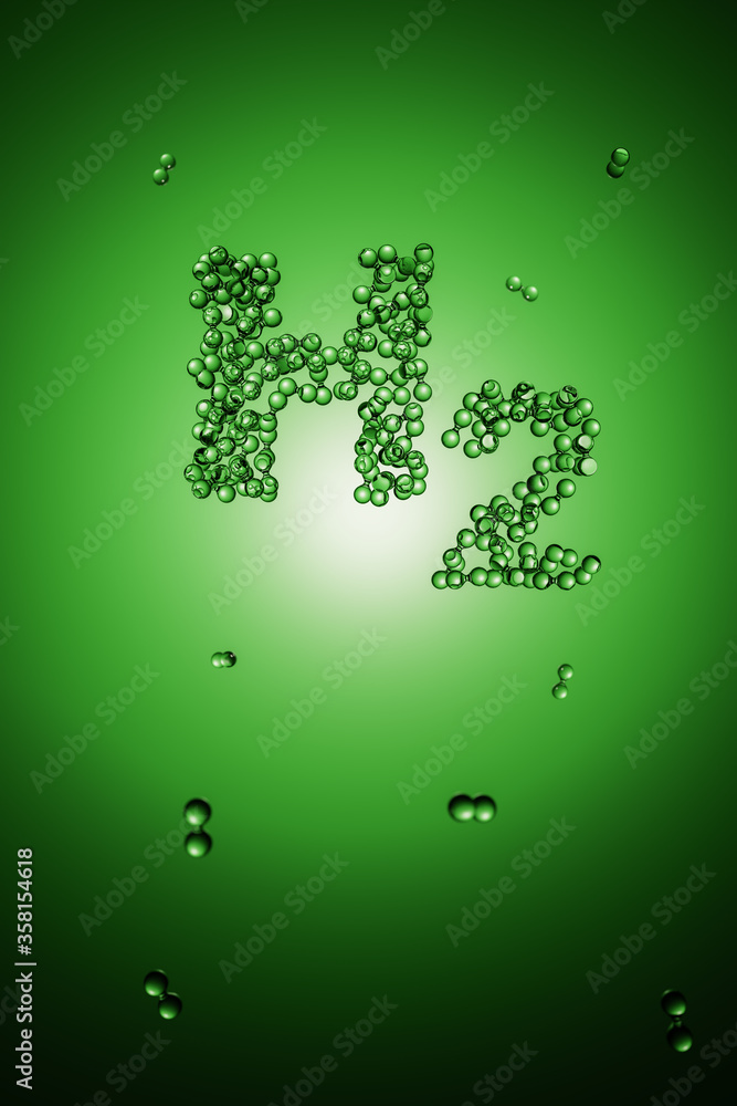 3d render: Abstract hydrogen molecules H2 forming the letters "H2" in ...
