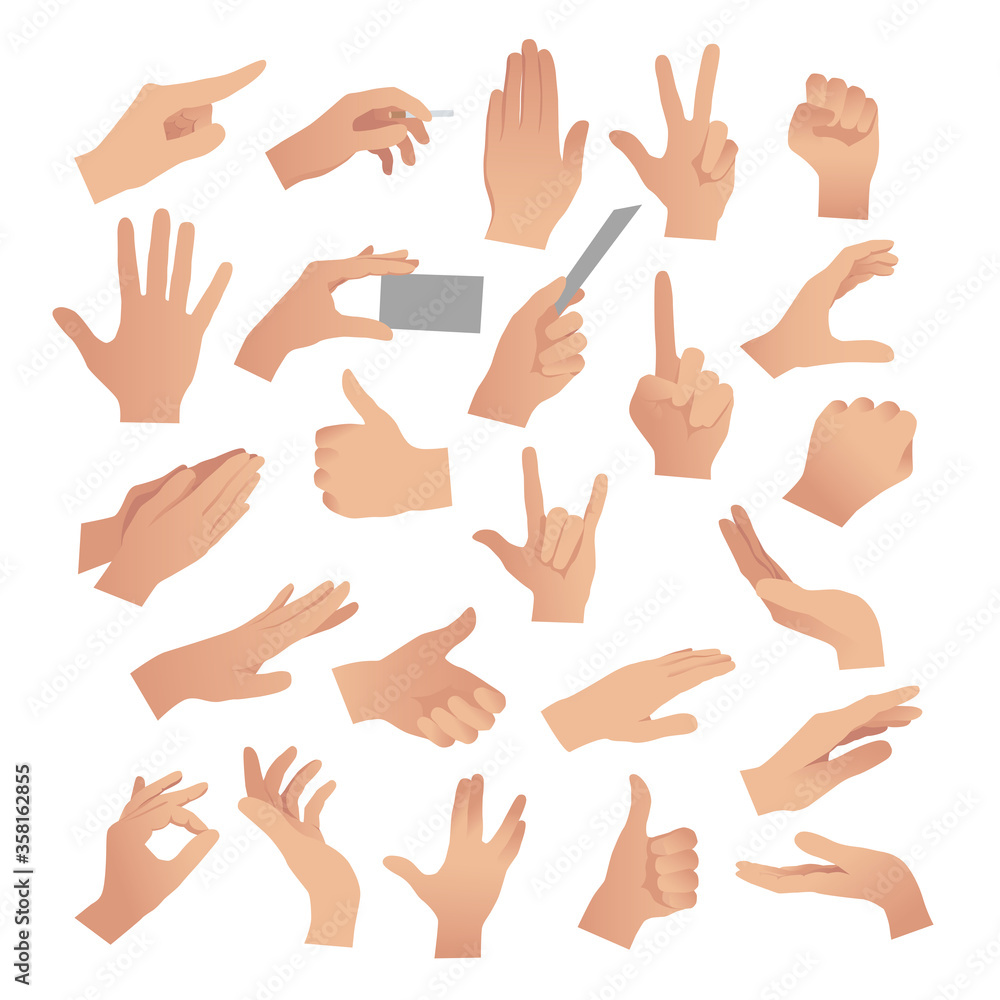 Gesturing. Set of hands in different gestures , hand showing signal or ...