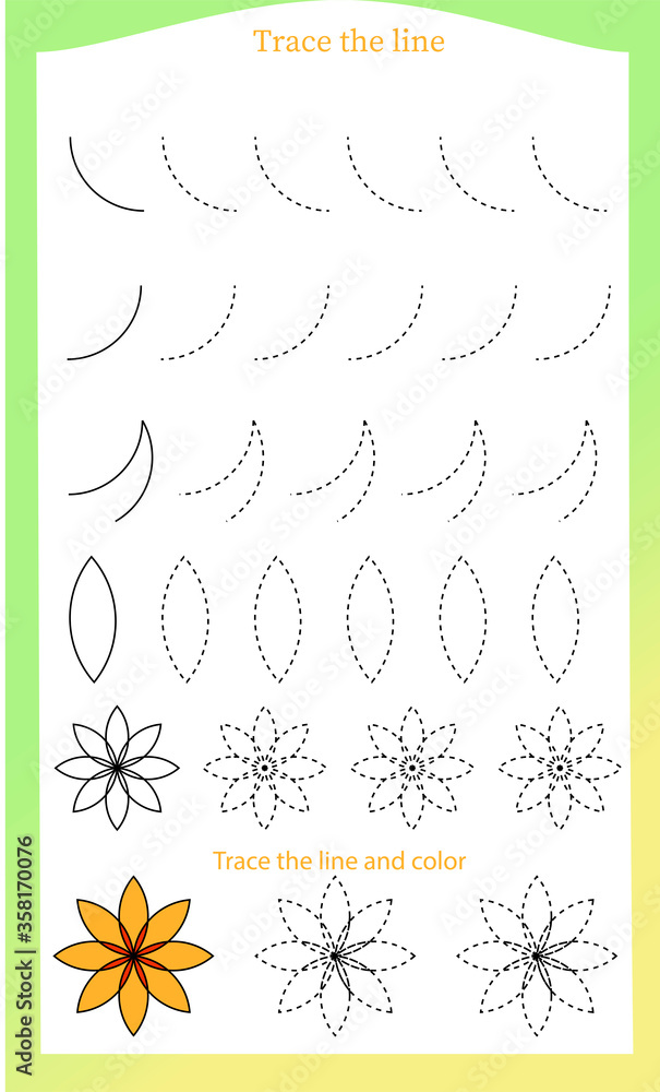 Handwriting practice sheet with lines arc and flowers .Exercise for ...