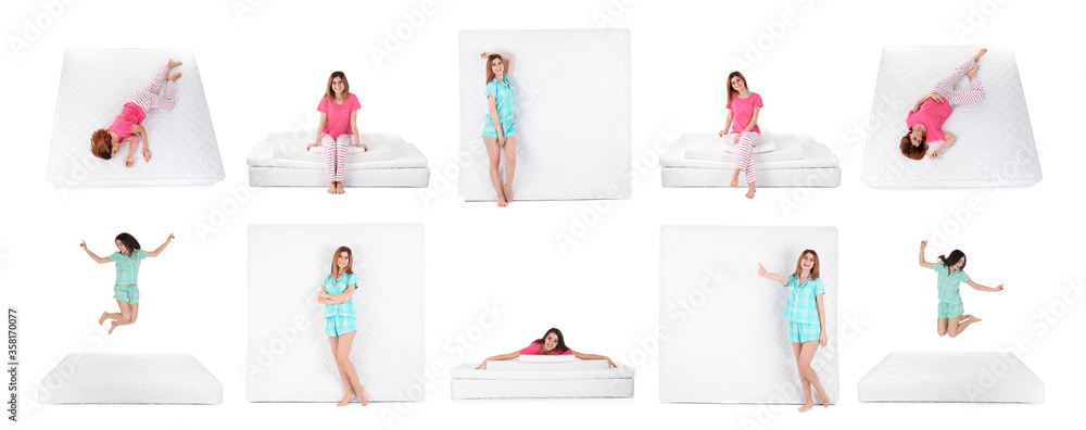 Collage with photos of women and mattresses on white background. Banner ...