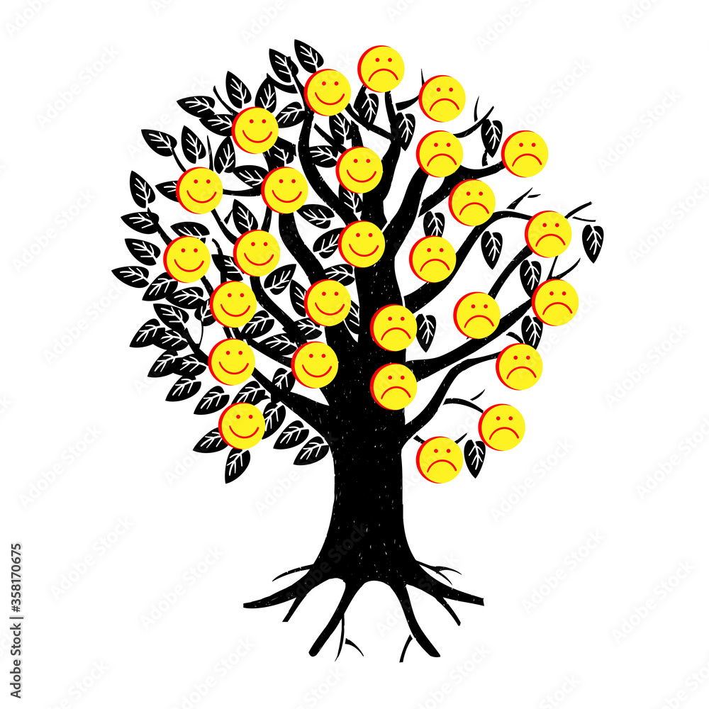 Smiley. Vector happy face. A tree festooned with happy and sad emojis ...