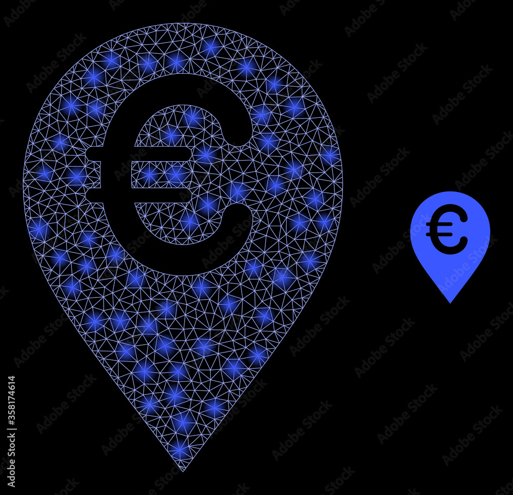 Glowing web mesh euro map marker with glowing spots. Illuminated vector ... Glowing web mesh euro map marker with glowing spots. Illuminated vector ...