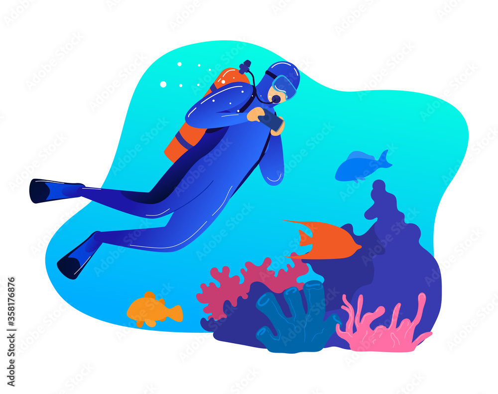 Male professional underwater swimming, man character occupation diving ...