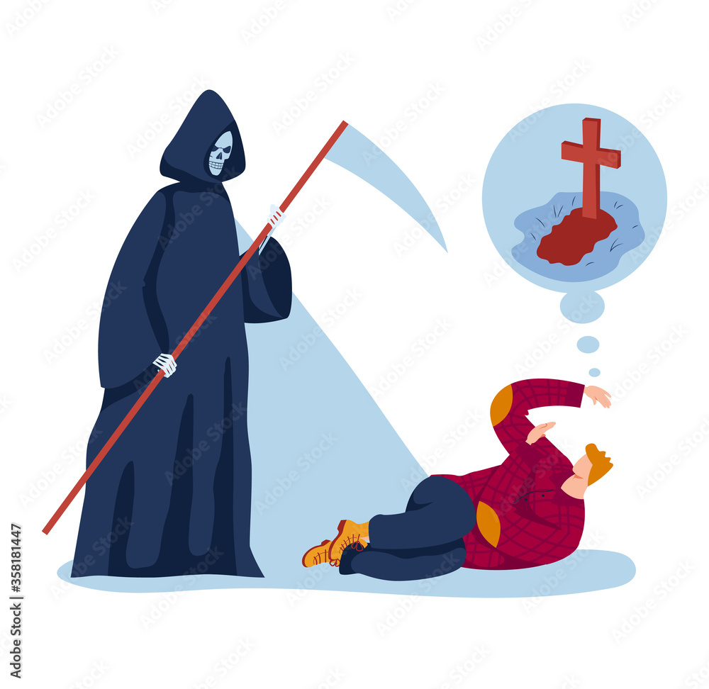 Male character fear of death, man lay floor fearful death skeleton ...