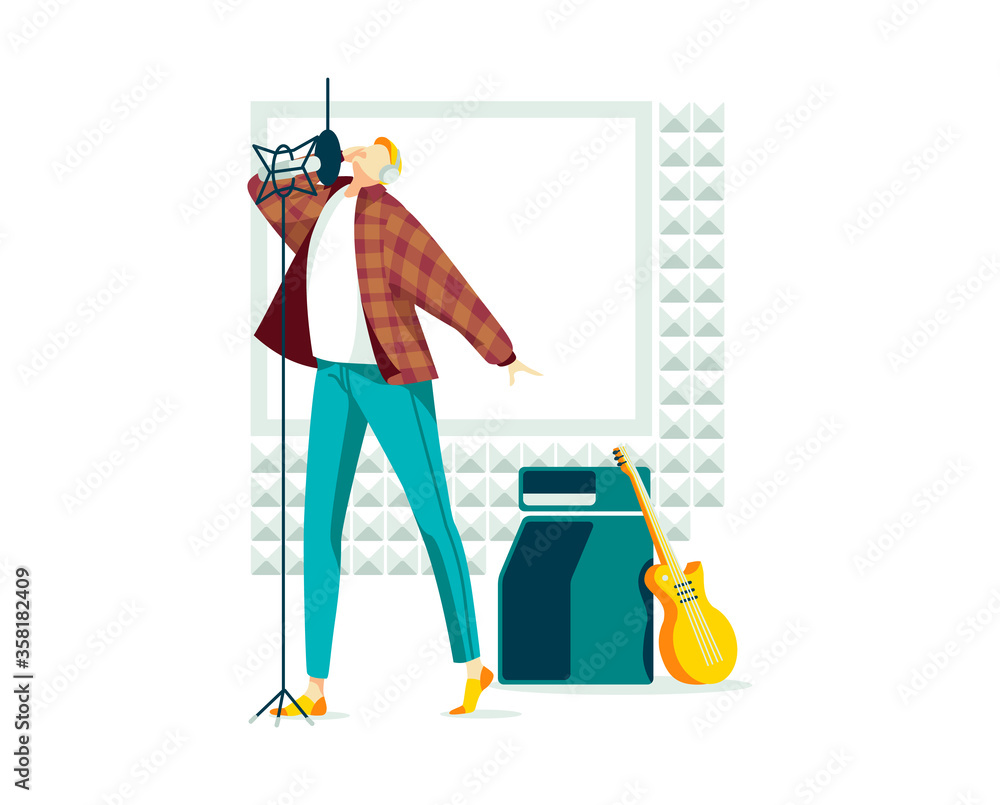 Talented man singer character sing vocal song, male with guitar croon ...