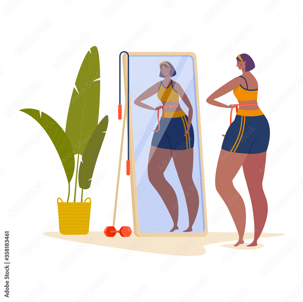 Woman character measure waist, female look mirror and loses weight ...