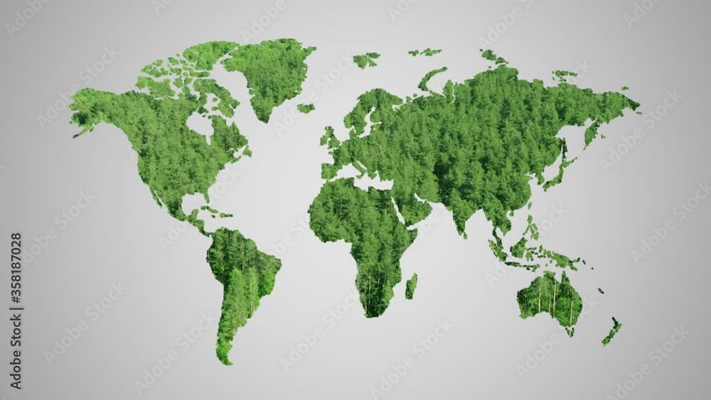 double exposure world map and green forest aerial. ecology green world ...