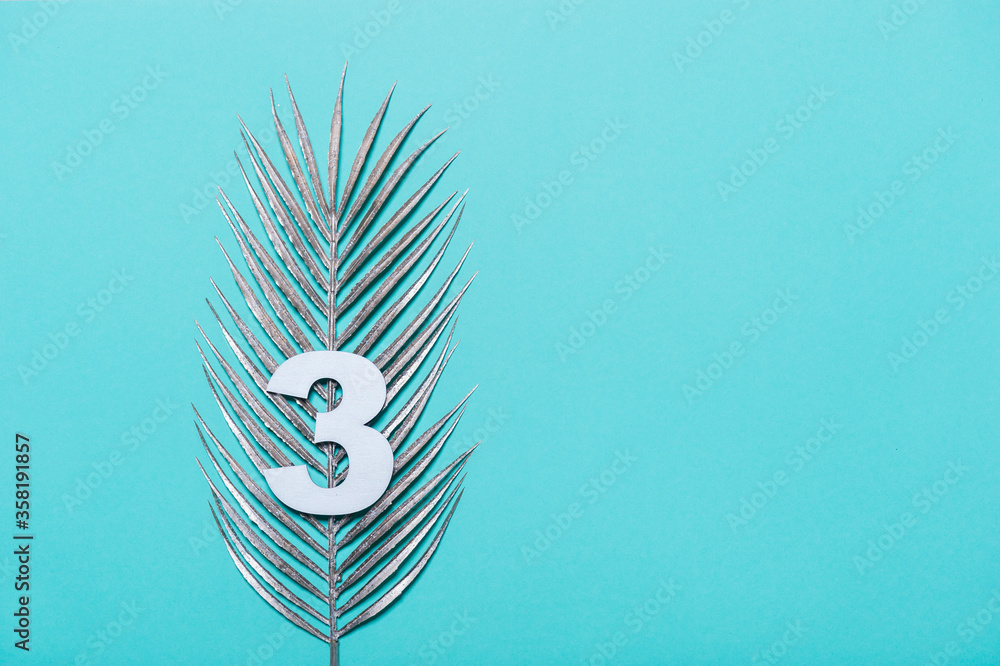 Number three shape with silver palm leaves on blue background. Summer ...